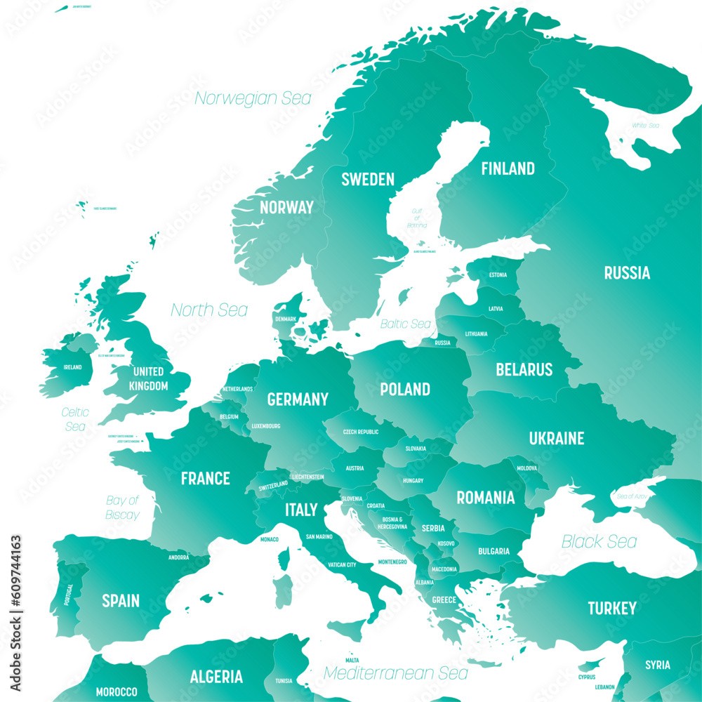 Europe - high detailed political map of european continent with country ...
