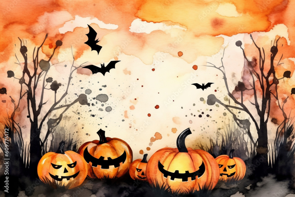 Halloween card background frame, Watercolor illustration with white ...