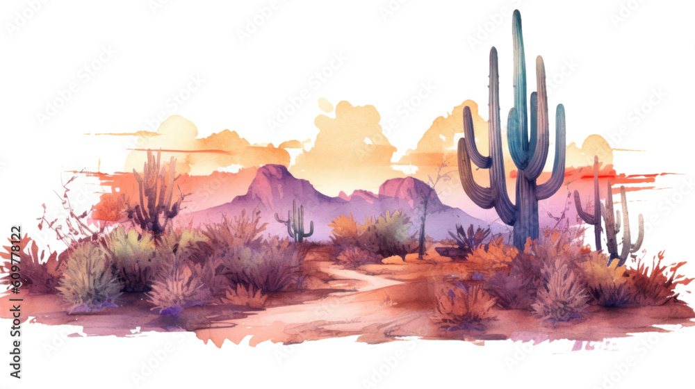 desert landscape with cacti silhouette in watercolor style, isolated on ...