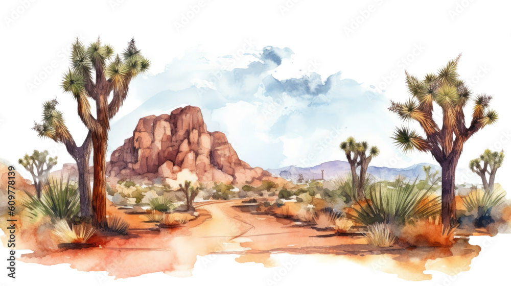desert landscape with joshua trees in watercolor style, isolated on a ...