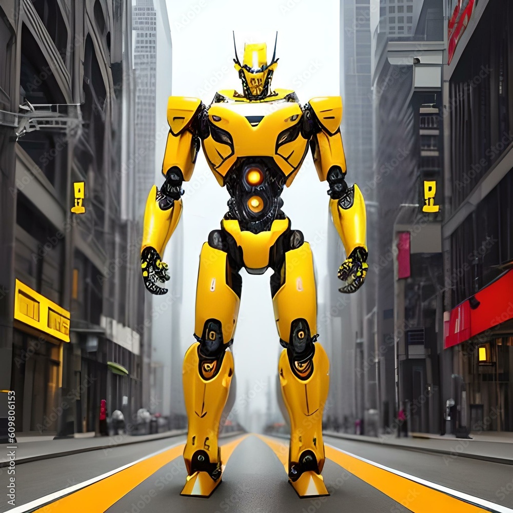 Mega yellow robot super drone ready for action on a city futuristic ...