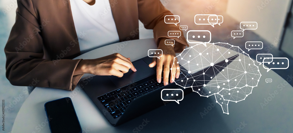 Profile silhouette of black woman working in office and conversation AI ...