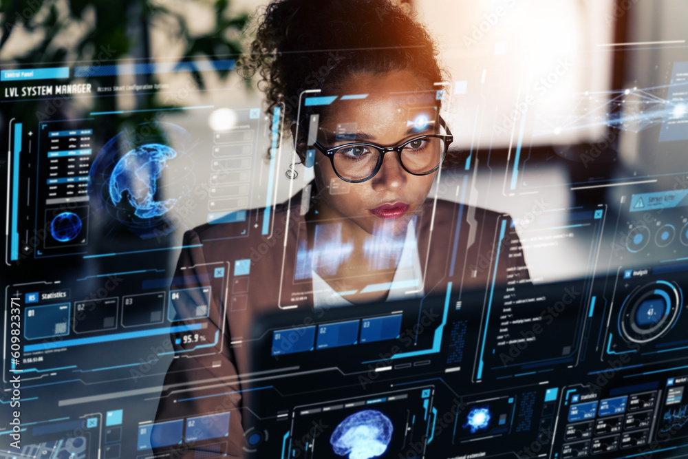 Black woman working in office and futuristic graphical user interface concept. ICT (Information ...