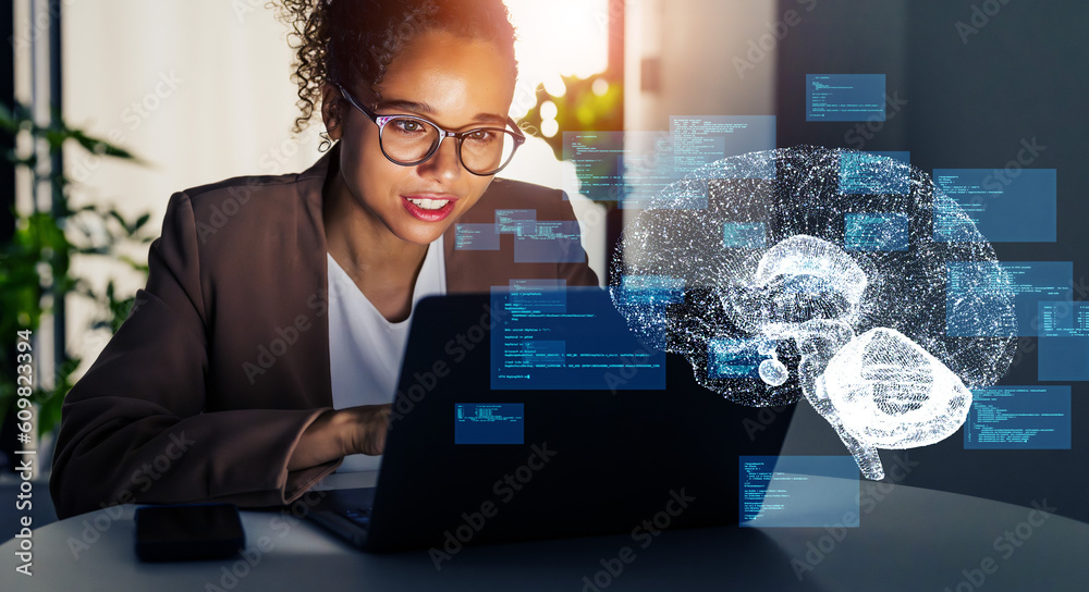 Stock-Foto „Black woman working in office and conversation AI concept ...