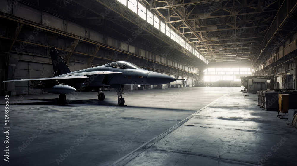 interior view of a generic military fighter jet parked inside a ...