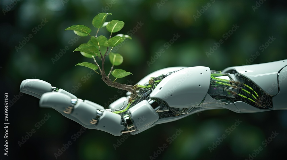 AI humanoid robot touching plant, a metaphor for using Artificial ...