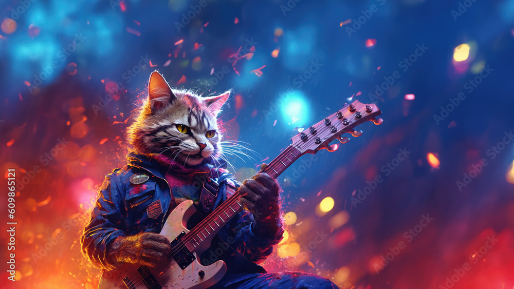 Hard rock metal guitarist cat with unruly long fur hair and cool ...