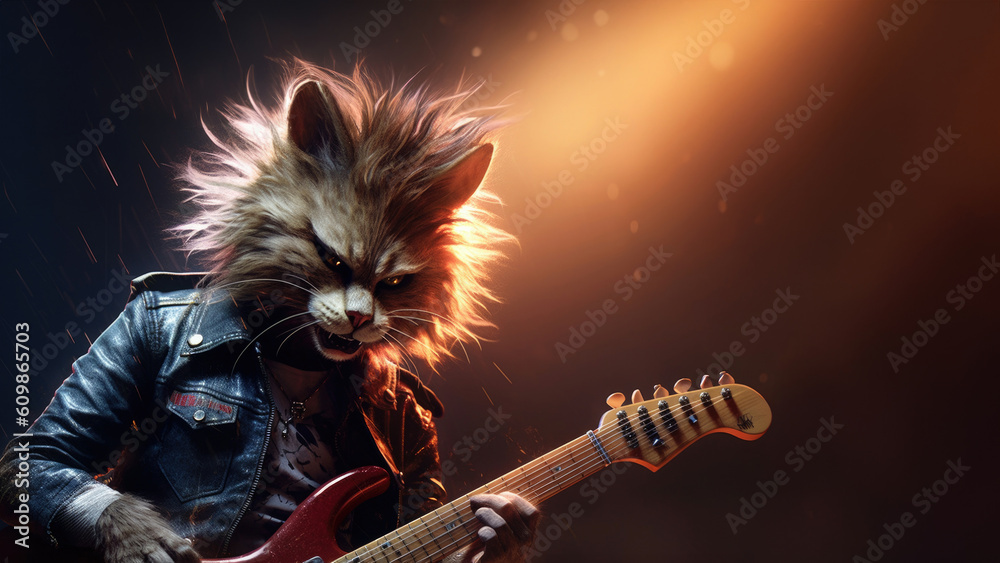 Hard rock metal guitarist cat with unruly long fur hair and cool ...