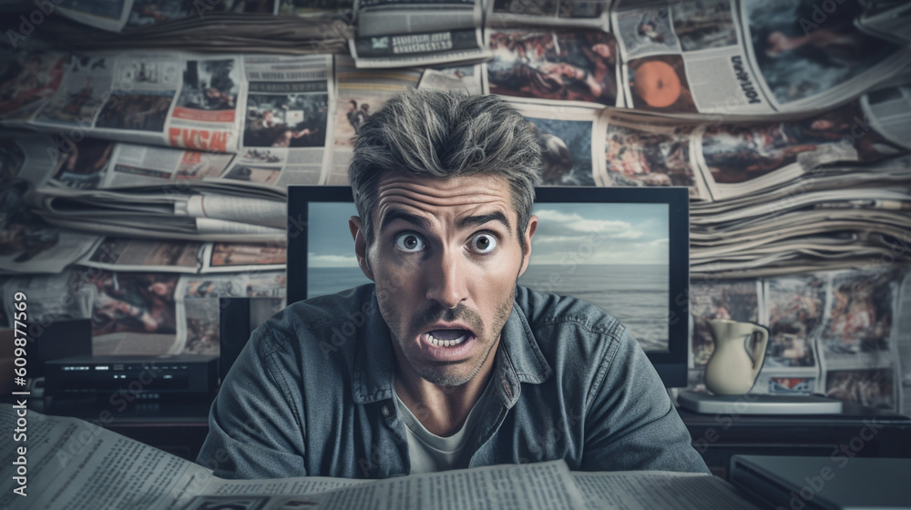 Man sitting in front of a computer or television screen, with a look of ...