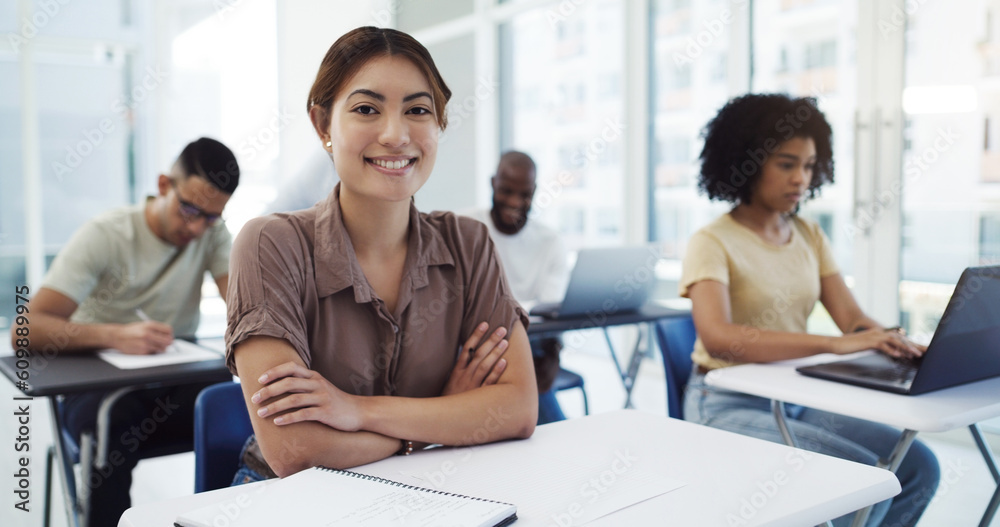 Portrait, education and girl college student in classroom for learning ...