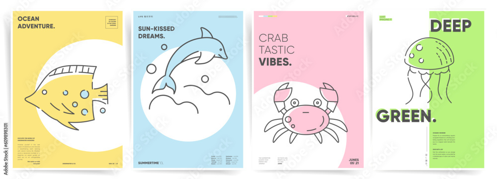 Minimal Summer Poster Designs with Vibrant Yellow, Blue, Pink, and ...