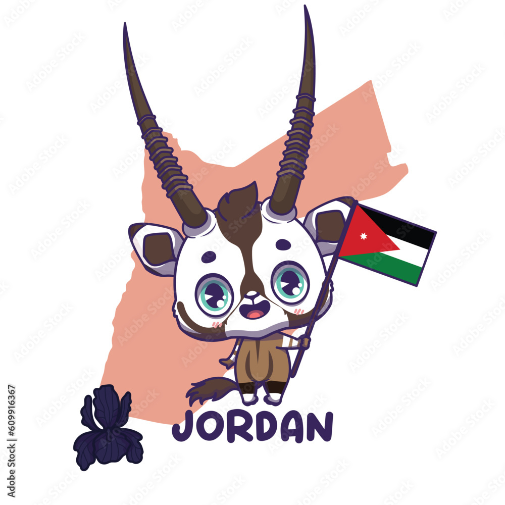 National animal oryx holding the flag of Jordan. National flower black ...