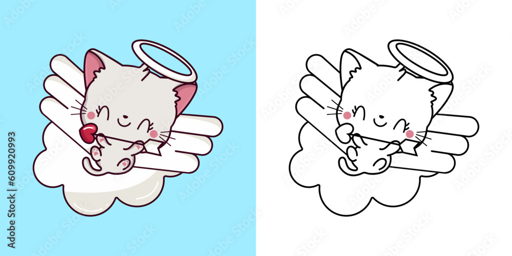 Vetor Kawaii White Cat Clipart Multicolored and Black and White. Cute ...
