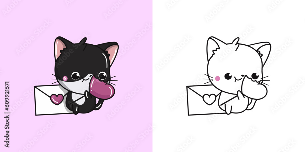 Cute Cat Clipart Illustration and Black and White. Funny Kitty Art ...
