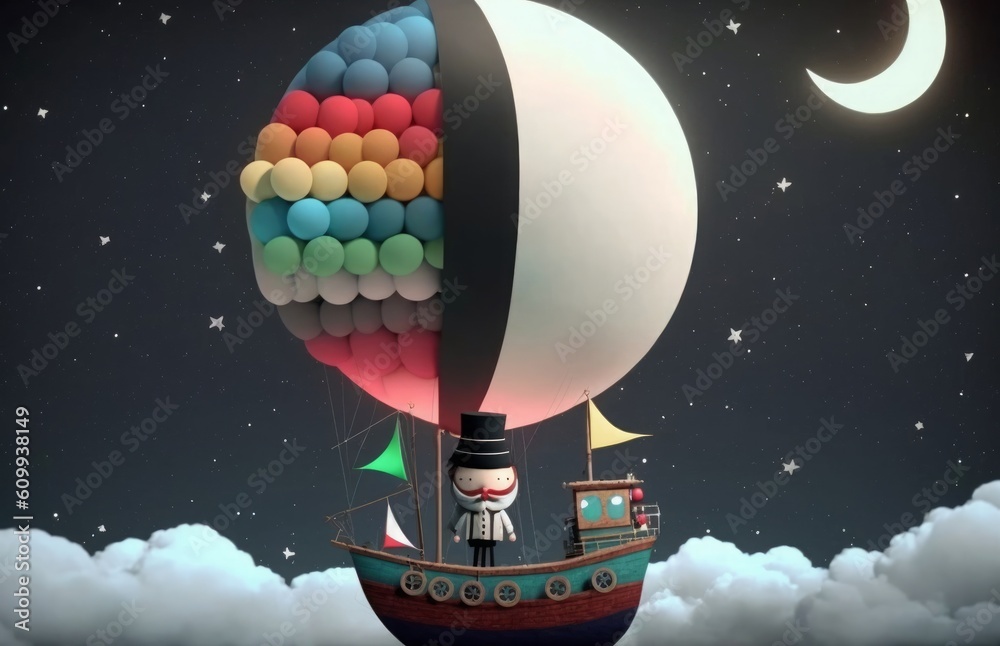puppet animation, a ship in front of a big moon, the ship being lifted ...