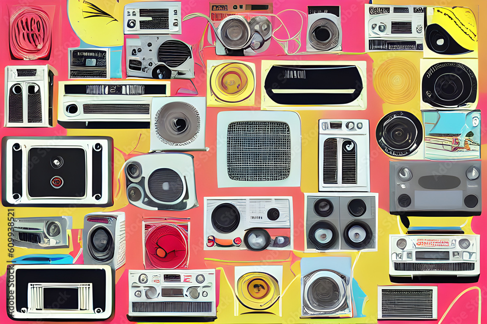 Stock-Illustration „Pop art collage of vintage radios, record players ...