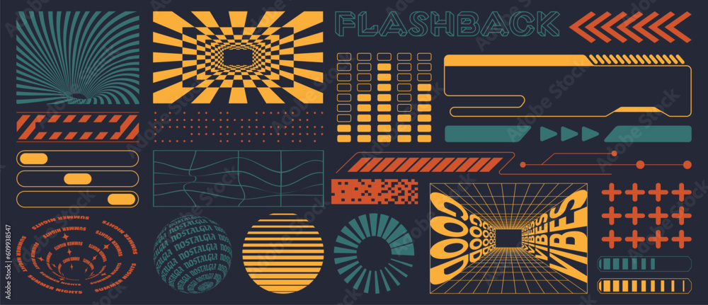 Set with Y2K elements. Aesthetic abstract vector shapes. Simple forms, symbols and frames y2k ...