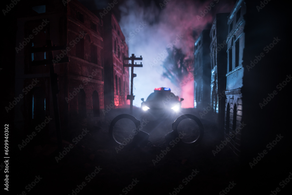 Police raid at night and you are under arrest concept. Silhouette of ...