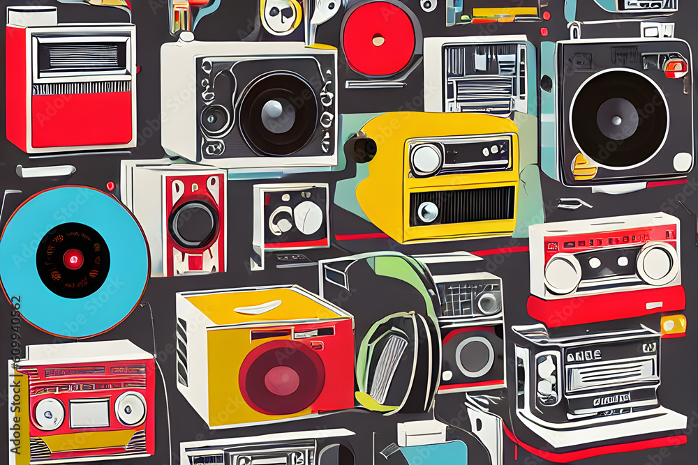 Pop art collage of vintage radios, record players, projectors, vhs ...