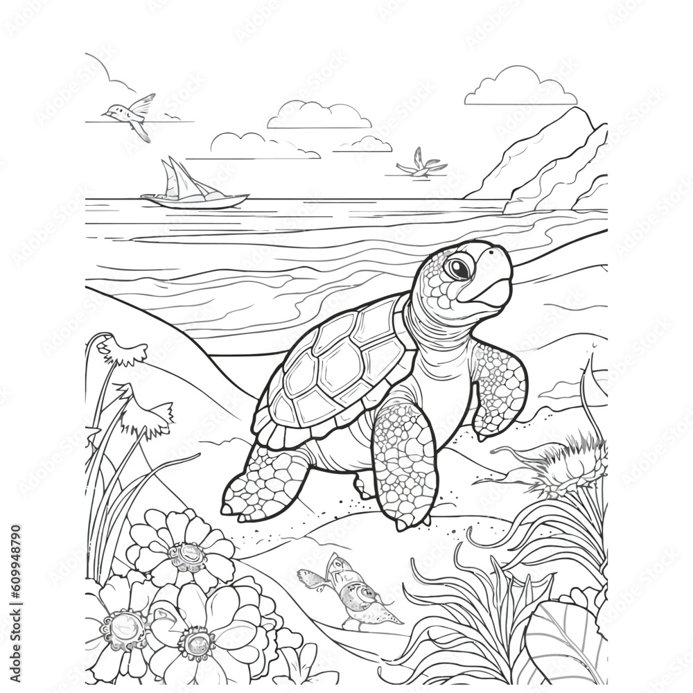 Beautiful Cute Turtle Coloring Pages Stock Vector | Adobe Stock