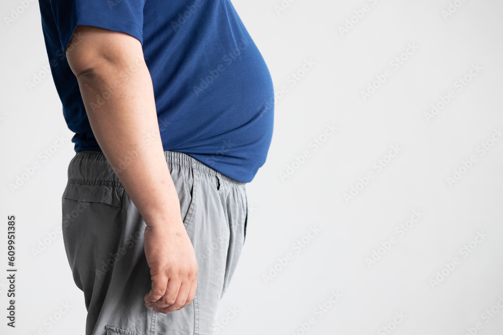 fat middle aged old asian man belly, concept of overweight, dad bod ...