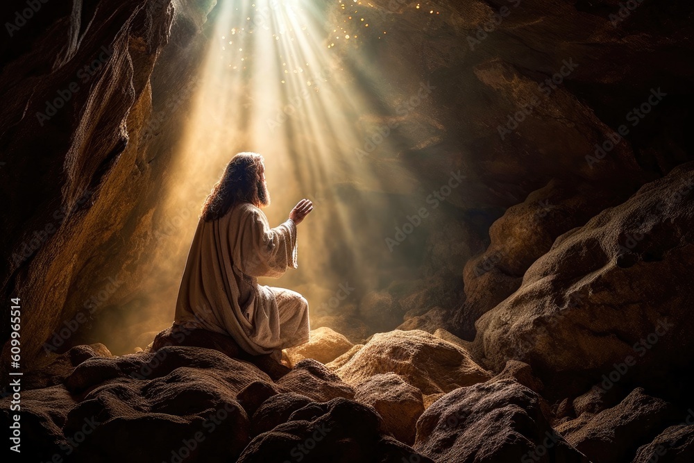 Jesus Christ in prayer with the Father in a dark cave with sunlight ...