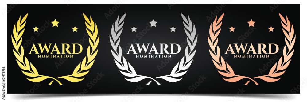 Golden, silver and bronze award signs with laurel wreath, award ...