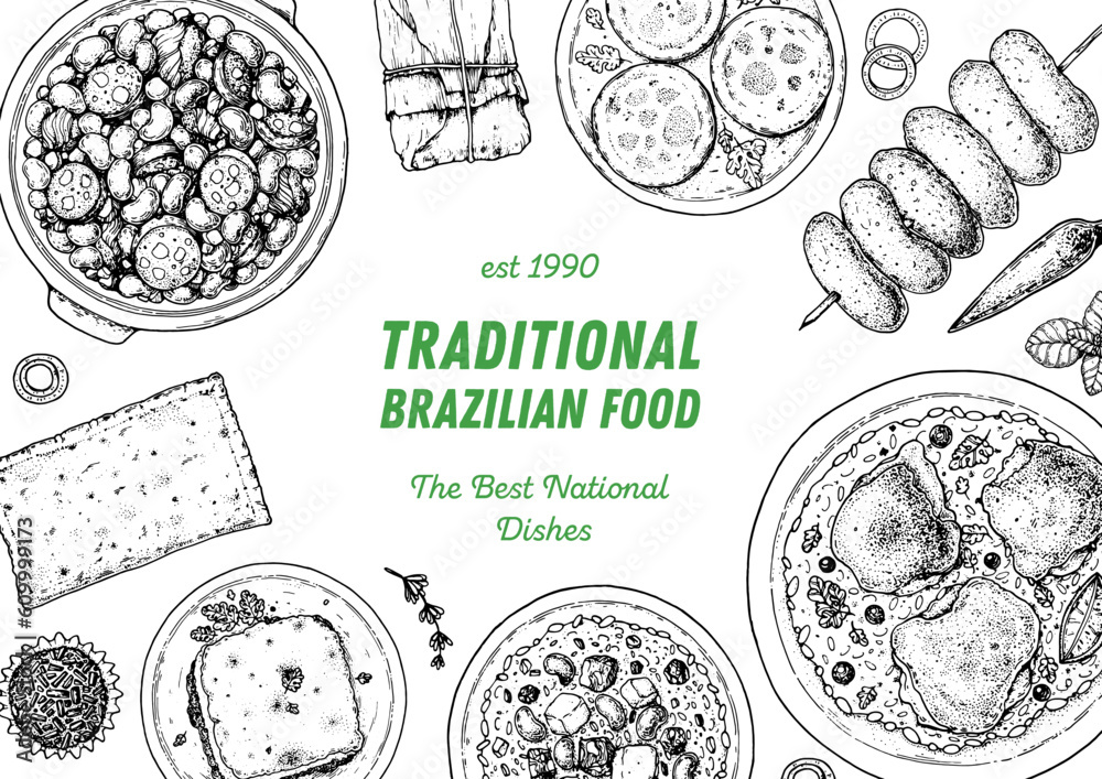 Brazilian food top view vector illustration. Food menu design template ...