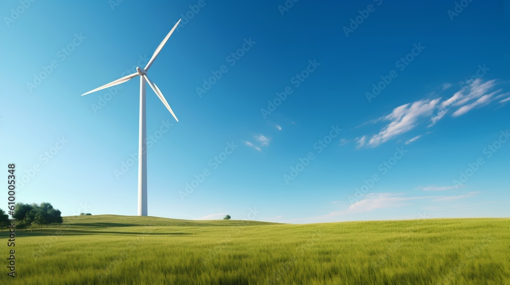 Wind turbine majestically standing in the green fields under a clear ...
