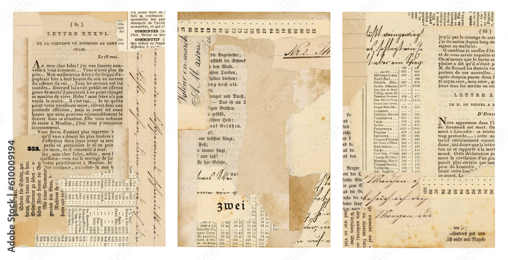 set / collection of paper collage backgrounds made of antique documents ...