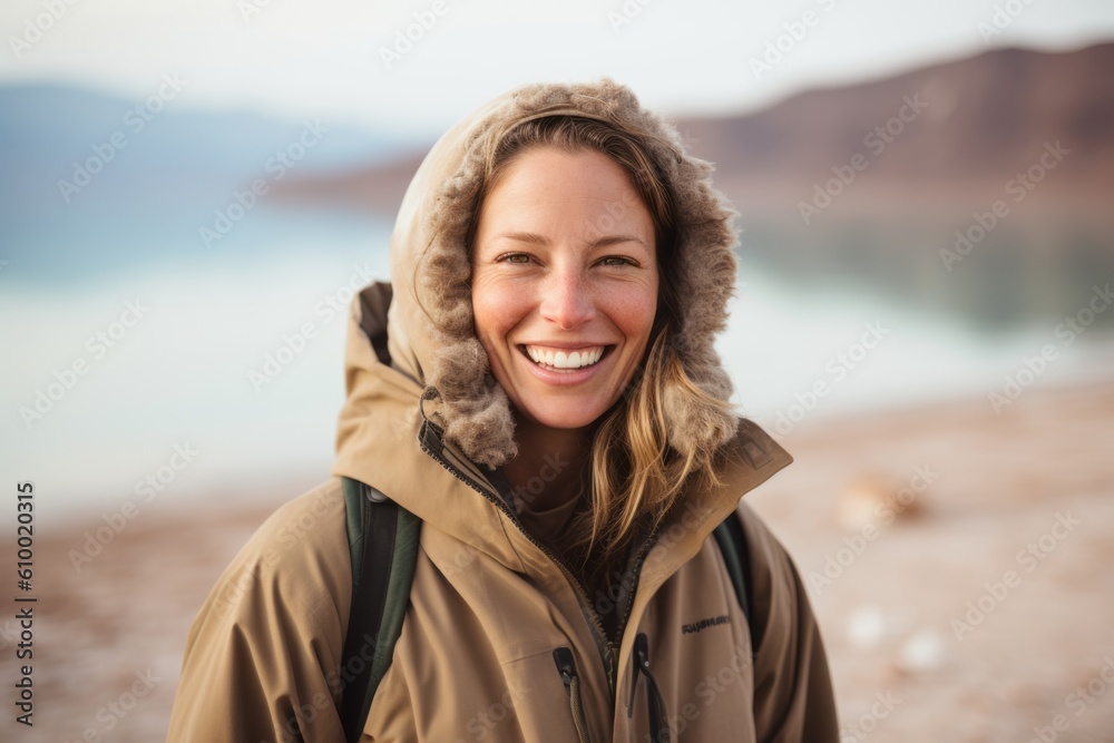 Portrait of a smiling young woman wearing winter jacket on the beach ...