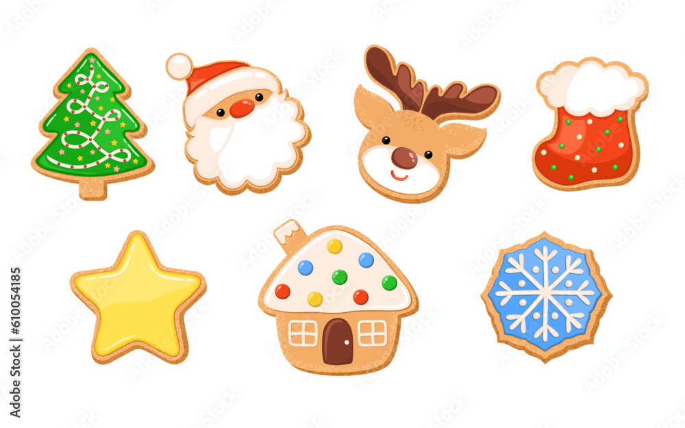 Sugar cookie Christmas vector illustration set. Gingerbread cookies ...