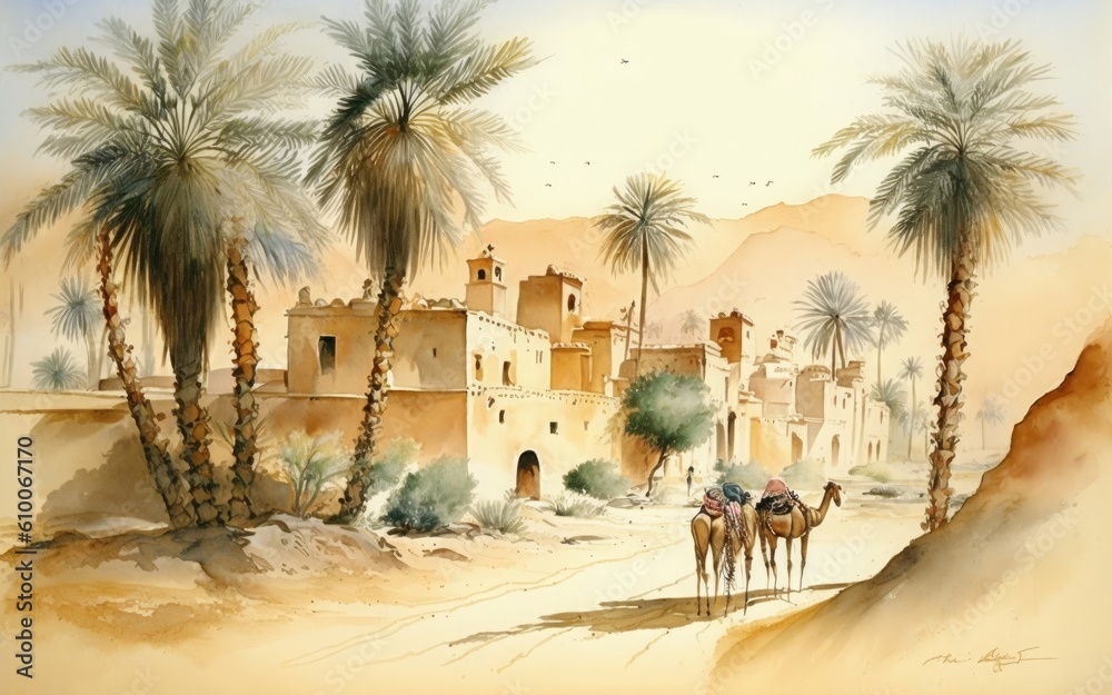 Watercolor painting, a landscape of the Arabian Peninsula in the past ...