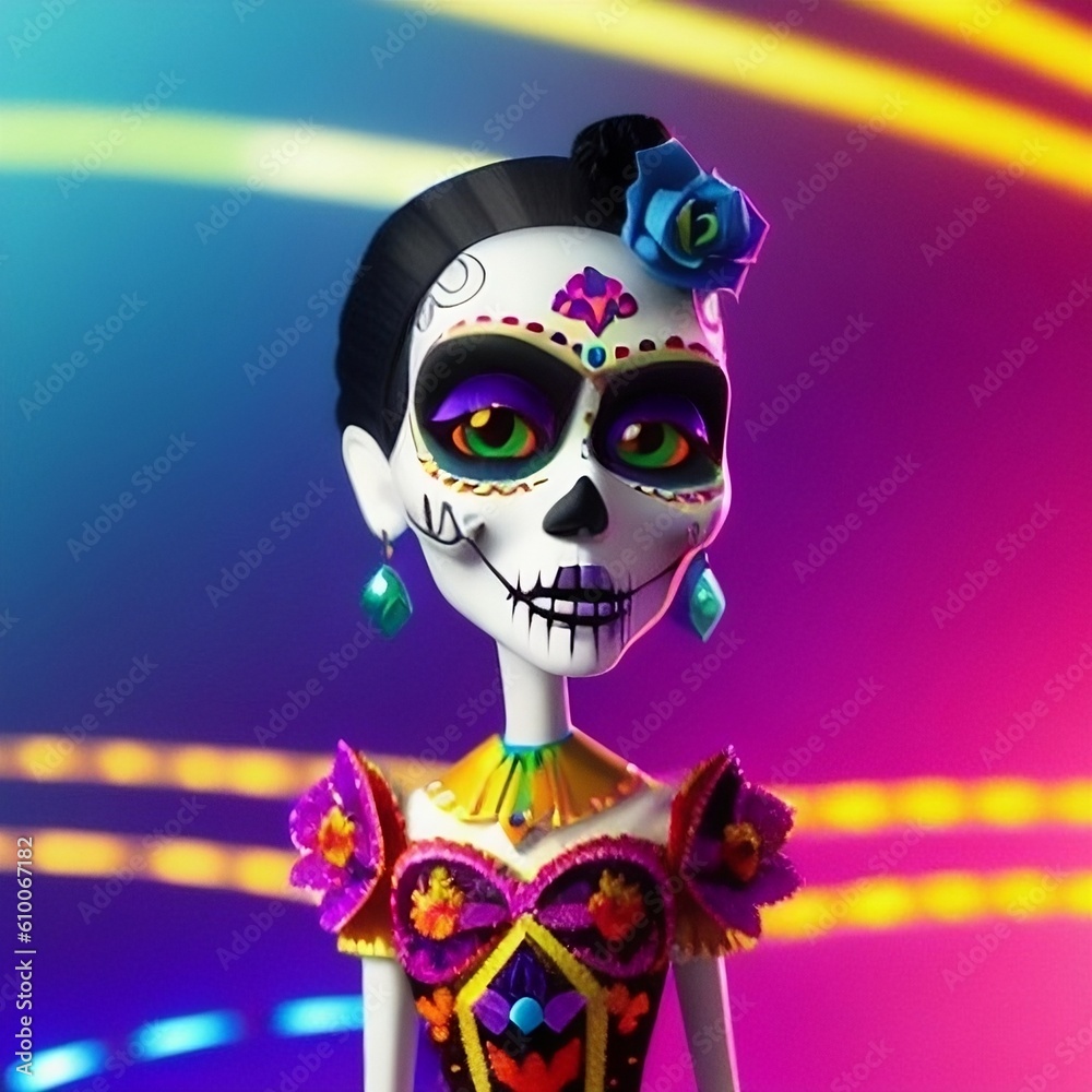 CATRINA DE DIA DE MUERTOS ANIMADA CON COLORES VIVOS CON UNA ROSA AZUL ...