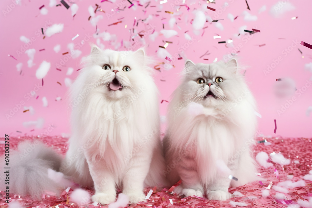 two white persian cats at a party with flying confetti on a pink ...