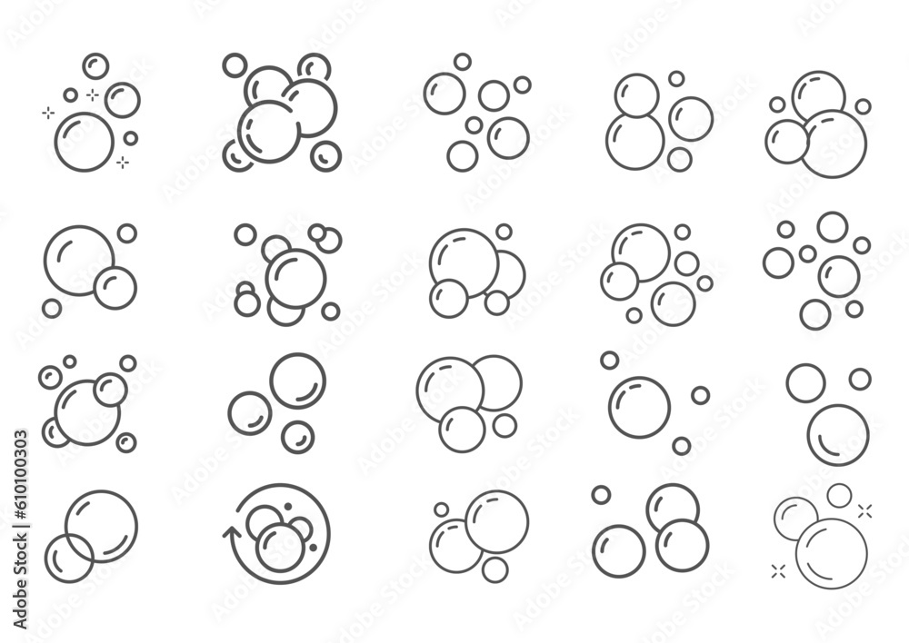 Bubbles flat line icons set. Foam soap, fizzy drink, oxygen bubble ...