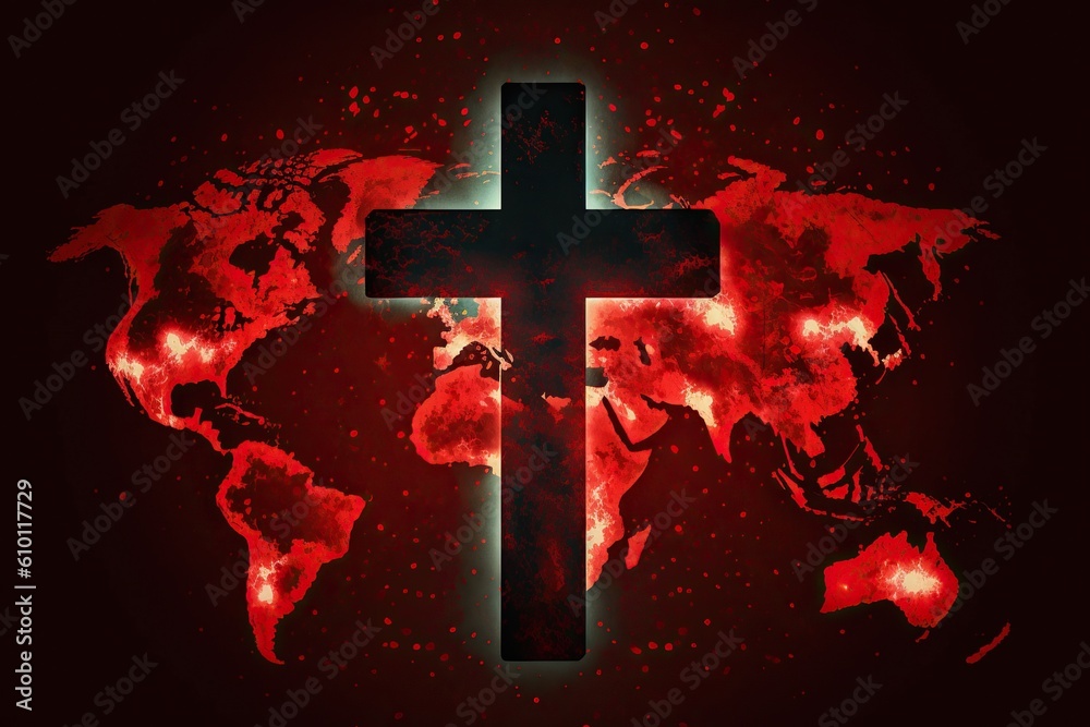 Red glowing holy cross of jesus christ and world map, concept of ...
