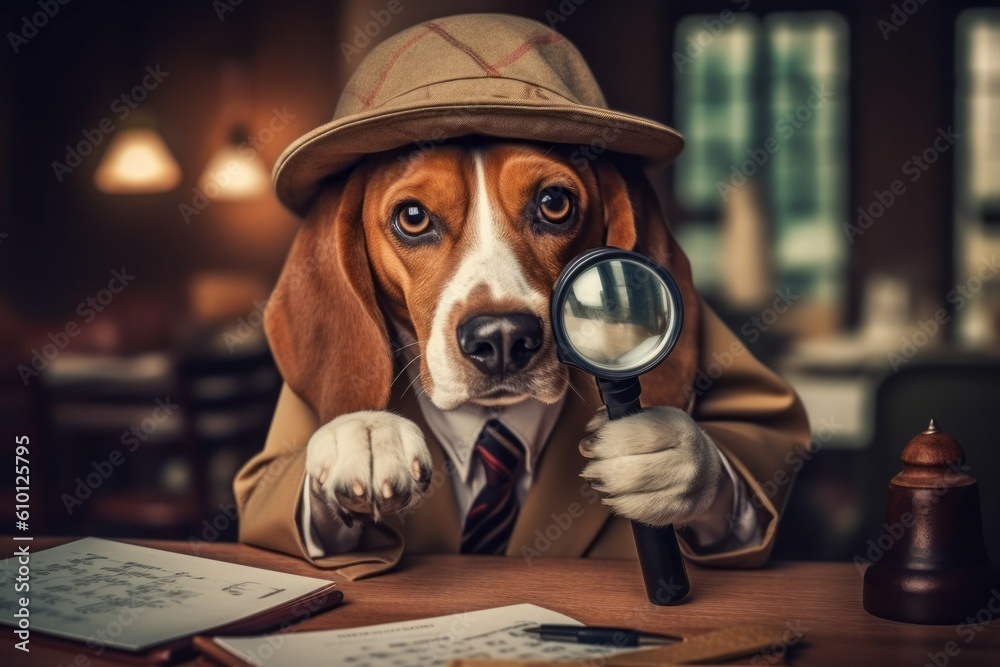 A dog with a magnifying glass dressed as a detective. Investigation ...