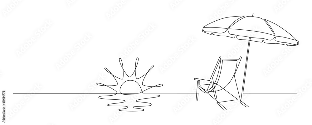 Beach umbrella and chair in one continuous line drawing. Concept of ...