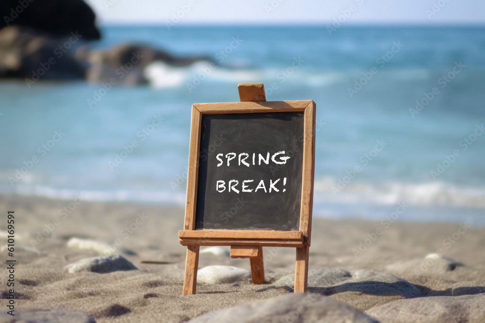 Chalkboard on a beautiful beach with text "Spring Break" on it ...
