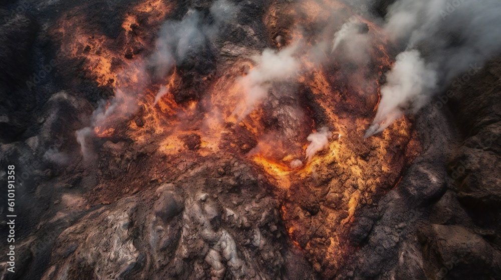 An airborne drone snapshot of a live volcanic crater amidst a eruption ...