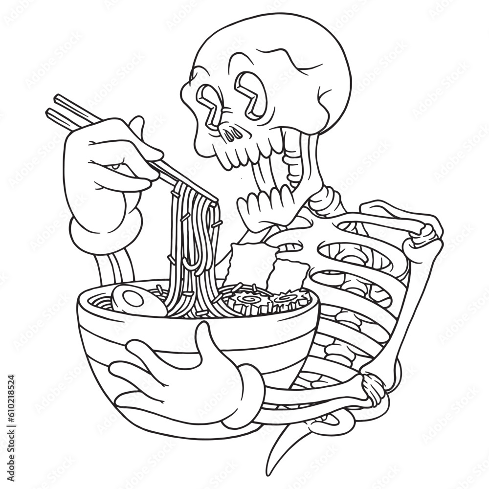 cartoon skeleteon mascot eat ramen coloring illustration Stock Vector ...