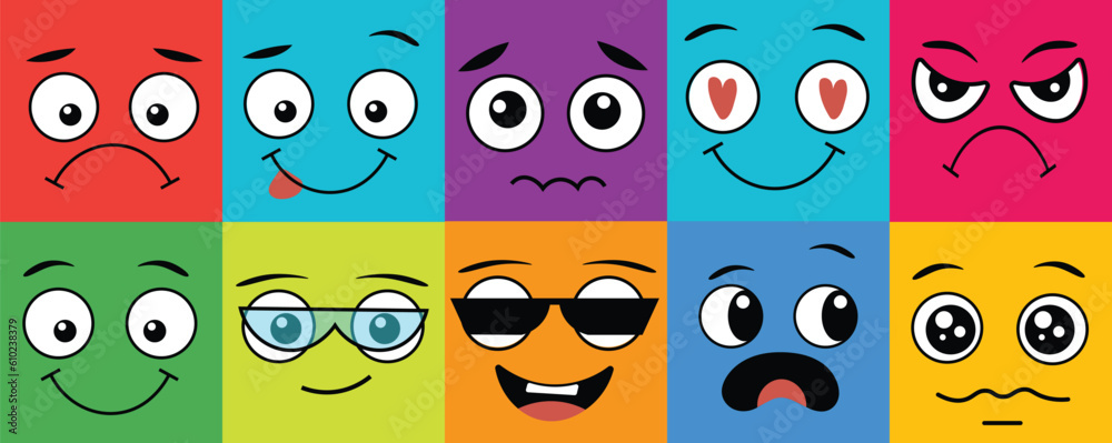 Cartoon face expressions. Happy surprised faces, doodle characters ...