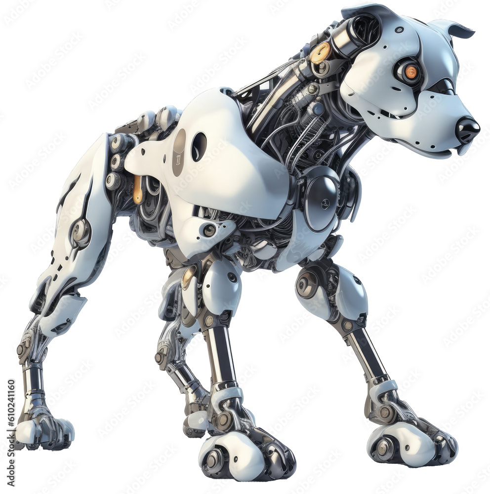 Robotic pet dog as mechanical cyber animal isolated on a transparent ...