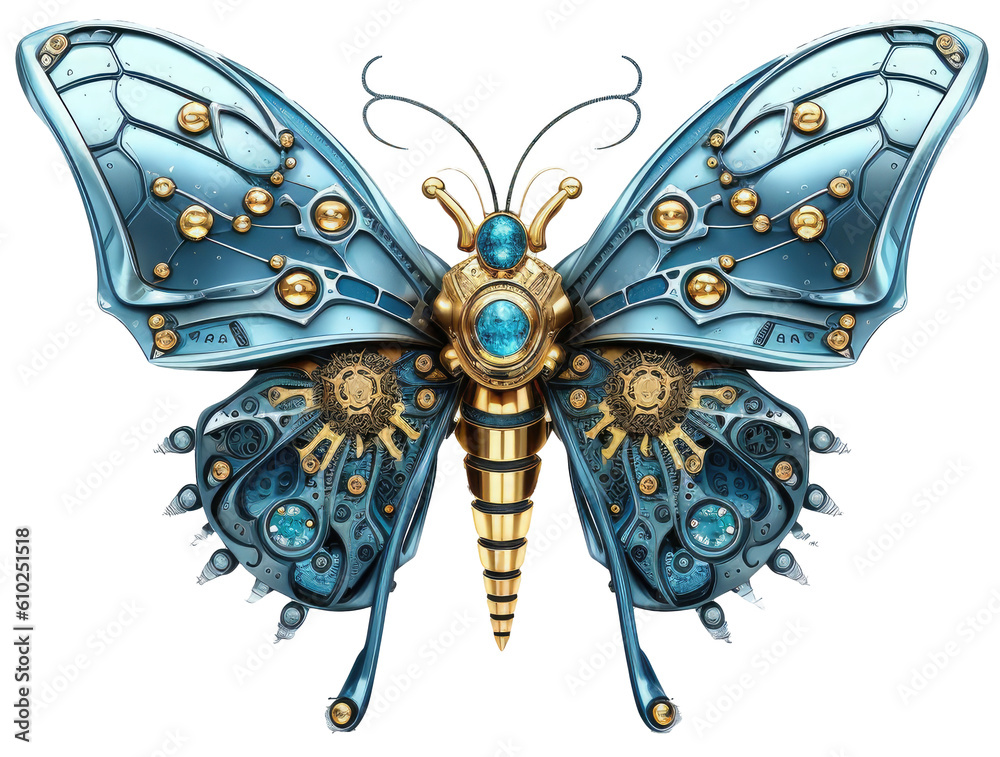 Blue and golden robotic steampunk butterfly as mechanical cyber animal ...