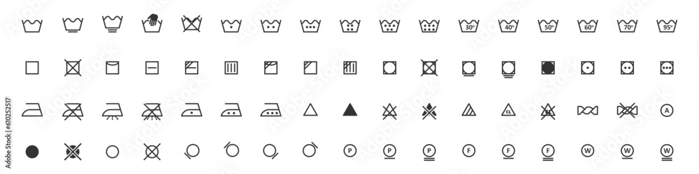 Symbols for the care of textiles icon set. Laundry symbol. Machine wash ...
