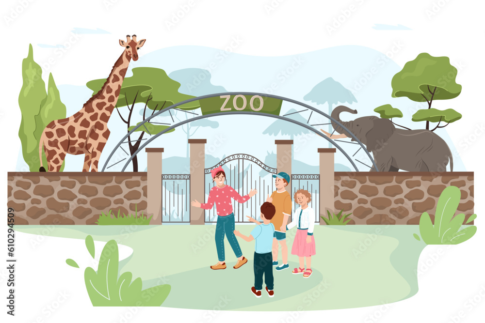 Happy Little children go to see at animals behind enclosure at Zoo. Zoo ...