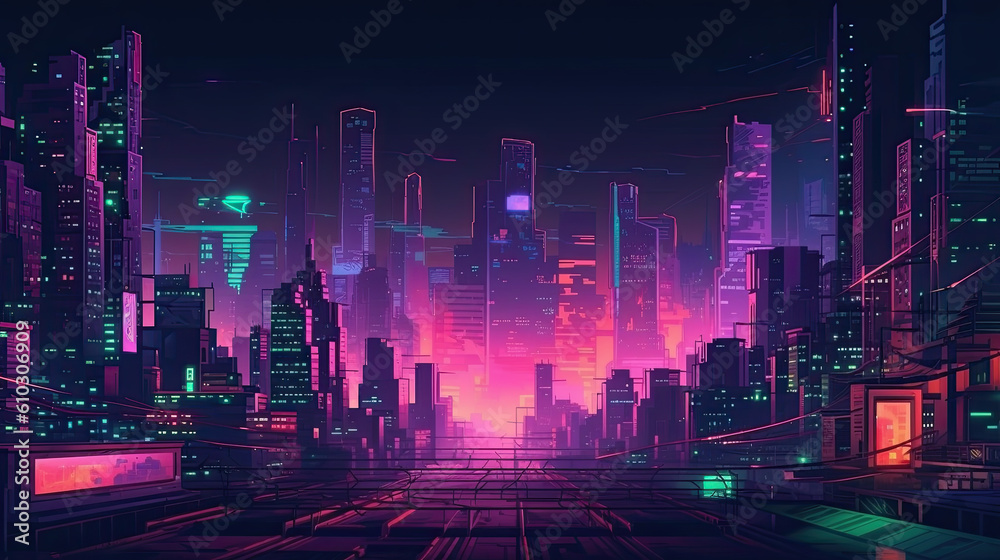 futuristic cities illustration in neon cyberpunk look. Generative AI ...
