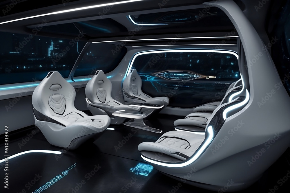 White driverless car interior with futuristic dashboard for autonomous ...