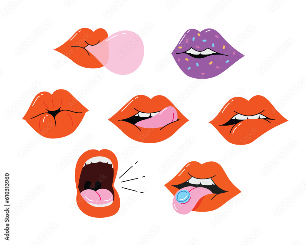 Vector de Stock Female mouths. Teeth, tongue, lips. Red lipstick ...